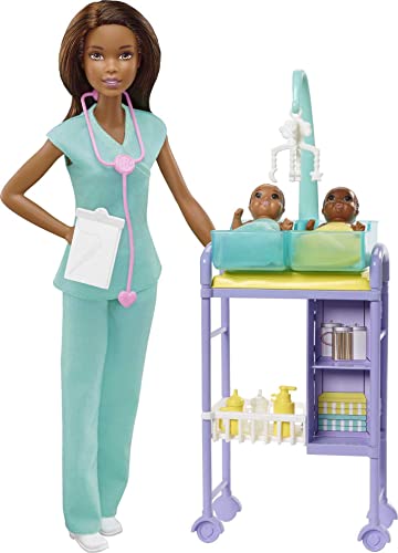 Barbie Careers Doll & Playset, Baby Doctor Theme with Brunette Fashion Doll, 2 Baby Dolls, Furniture & Accessories