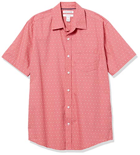 Amazon Essentials Men's Regular-Fit Short-Sleeve Poplin Shirt, Coral Orange/White, Dots, Large