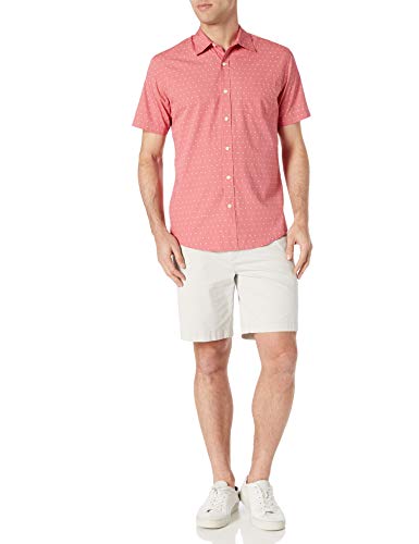 Amazon Essentials Men's Regular-Fit Short-Sleeve Poplin Shirt, Coral Orange/White, Dots, Large