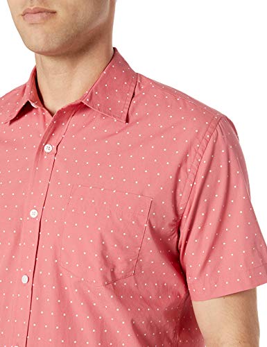 Amazon Essentials Men's Regular-Fit Short-Sleeve Poplin Shirt, Coral Orange/White, Dots, Large