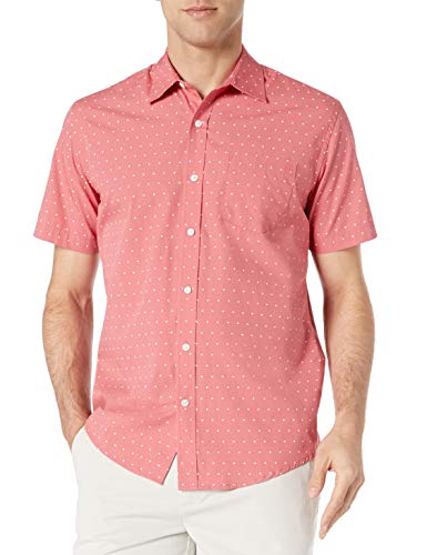 Amazon Essentials Men's Regular-Fit Short-Sleeve Poplin Shirt, Coral Orange/White, Dots, Large