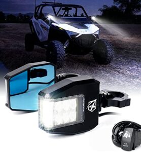 xprite aluminium utv side rear view mirrors fit 1.6"-2" roll cage bar, led spot light blue anti-glare lens for polaris pioneer rzr xp can am maverick x3 kawasaki teryx mule, yamaha rhino wolverine sxs