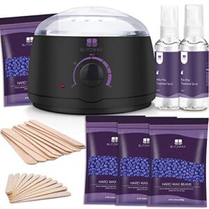 blitzwax waxing kit hair removal wax warmer kit with sensitive skin formula 14oz lavender hard wax beans for facial eyebrow armpit bikini brazilian, removes all hair types