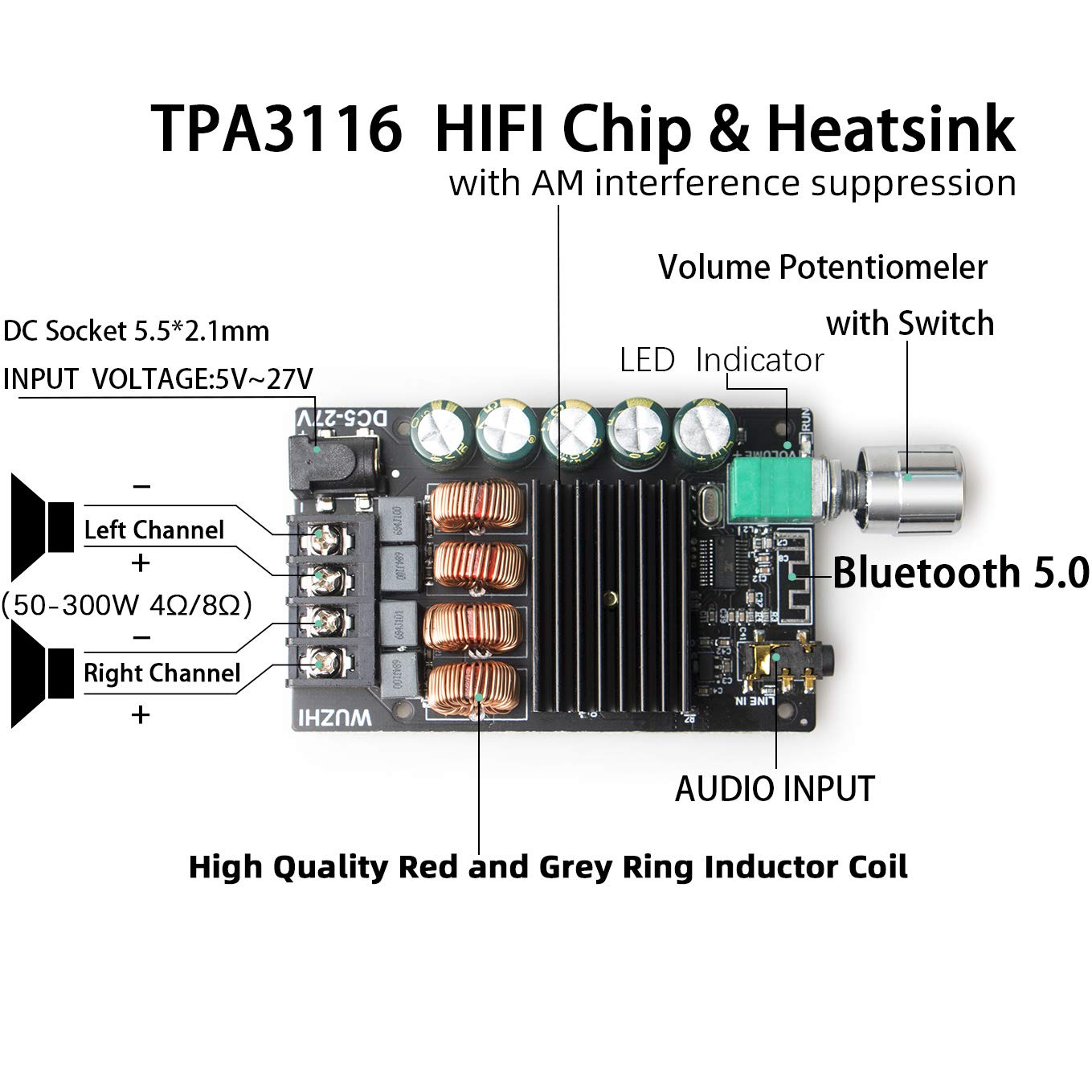 200W Bluetooth Amplifier Board TPA3116,DAMGOO 100W+100W Audio Amp Board with LC Filter Technique,Dual Channel DC8-24V,Password Free Connect to Phone Quietly