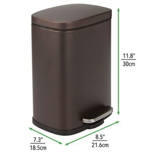 mDesign Stainless Steel Touchless Rectangular 1.3 Gallon/5 Liter Foot Step Trash Can with Lid - Wastebasket Container Bin for Bathroom, Bedroom, Kitchen, Office, Holds Garbage, Waste - Bronze