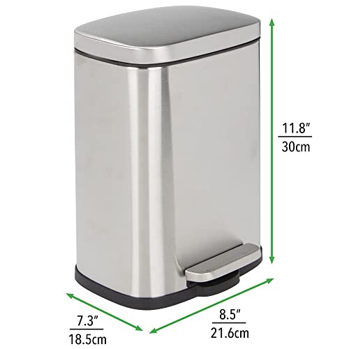 mDesign Stainless Steel Touchless Rectangular 1.3 Gallon/5 Liter Foot Step Trash Can with Lid - Wastebasket Container Bin for Bathroom, Bedroom, Kitchen, Office, Holds Garbage, Waste - Brushed Chrome