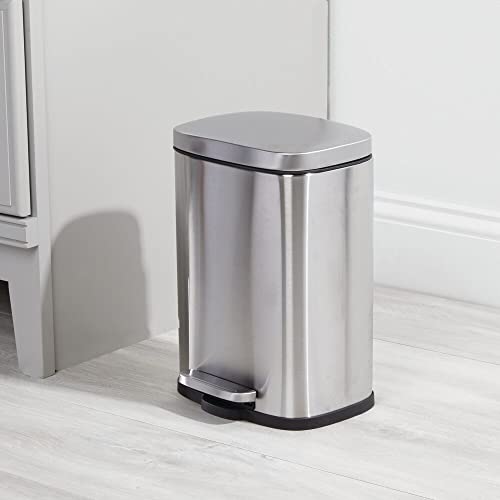 mDesign Stainless Steel Touchless Rectangular 1.3 Gallon/5 Liter Foot Step Trash Can with Lid - Wastebasket Container Bin for Bathroom, Bedroom, Kitchen, Office, Holds Garbage, Waste - Brushed Chrome