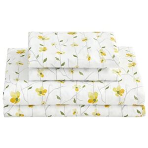 softan full sheet set floral bed sheets full printed sheets double - 4 piece soft microfiber patterned fitted sheets full with 15" deep pocket, yellow flower