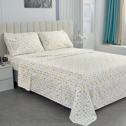 softan Full Sheet Set Floral Bed Sheets Full Printed Sheets Double - 4 Piece Soft Microfiber Patterned Fitted Sheets Full with 15" Deep Pocket, Yellow Flower