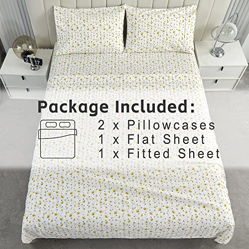 softan Full Sheet Set Floral Bed Sheets Full Printed Sheets Double - 4 Piece Soft Microfiber Patterned Fitted Sheets Full with 15" Deep Pocket, Yellow Flower