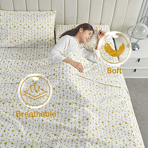 softan Full Sheet Set Floral Bed Sheets Full Printed Sheets Double - 4 Piece Soft Microfiber Patterned Fitted Sheets Full with 15" Deep Pocket, Yellow Flower