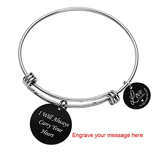 Qina C Love You to the Moon & Back Personalized Photo Engraving Charm Pendant Bangle Expandable Wire Bracelet Christmas Sweet 16 New Year Valentines Gift