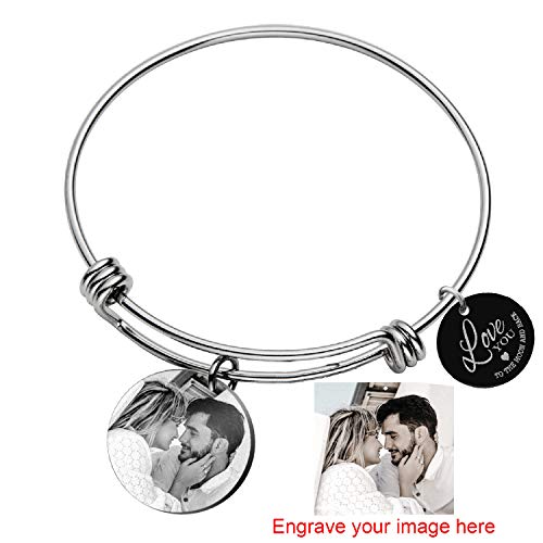 Qina C Love You to the Moon & Back Personalized Photo Engraving Charm Pendant Bangle Expandable Wire Bracelet Christmas Sweet 16 New Year Valentines Gift