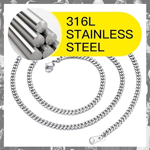 3mm 316L Stainless Steel Miami Cuban Chains Necklaces Hip Hop Punk Jewelry Waterproof Short Curb Cuban Link Chain Necklace for Men & Women 18 inches