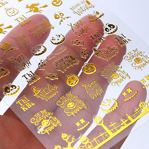 3D Halloween Nail Art Stickers for Women Gold Self-adhesive Nail Decals 9 Sheets Skull Witch Pumpkin Word Cat Ghost Nail Sticker Designs for Halloween Party Favor Supplies Manicure Tips Decorations