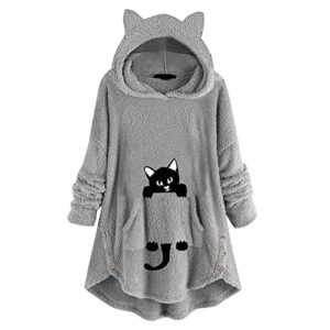 women's teddy fleece long sleeve fuzzy hoodie hooded sweatshirt drawstring pullover fuzzy velvet sweater outwear