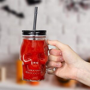 Darware Skull Mason Jar Mugs (Set of 4); Clear 12oz Glasses with Reusable Straws