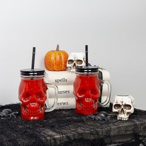 Darware Skull Mason Jar Mugs (Set of 4); Clear 12oz Glasses with Reusable Straws