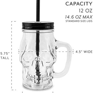 Darware Skull Mason Jar Mugs (Set of 4); Clear 12oz Glasses with Reusable Straws