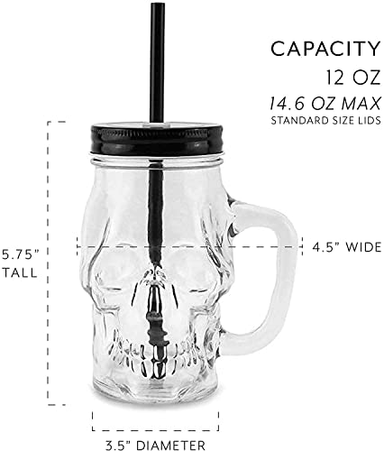 Darware Skull Mason Jar Mugs (Set of 4); Clear 12oz Glasses with Reusable Straws