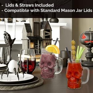 Darware Skull Mason Jar Mugs (Set of 4); Clear 12oz Glasses with Reusable Straws