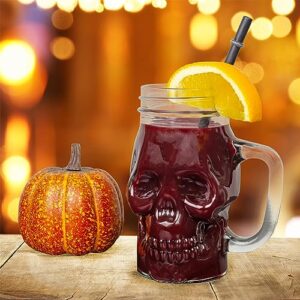 Darware Skull Mason Jar Mugs (Set of 4); Clear 12oz Glasses with Reusable Straws