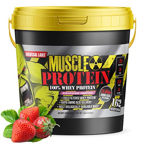 Colossal Labs Muscle Protein Whey Powder [5 lbs/Pack of 1]–Strawberry Protein Powder, Cold Filtered, 25g Pure Protein, 6.6g BCAAs (Packaging May Vary)