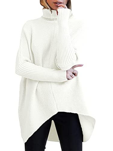 ANRABESS Womens Oversized Turtleneck Long Sleeve Sweater Asymmetric Hem Casual 2023 Fall Winter Pullover Knit Pullover Jumper Tops A87Bai-M White