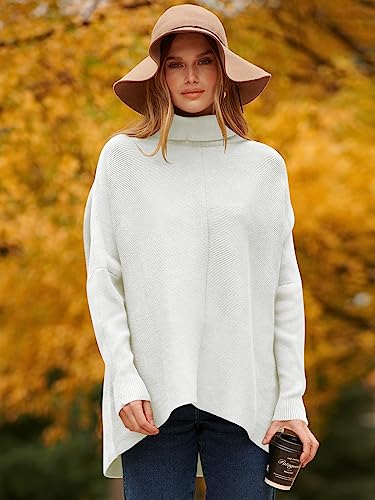 ANRABESS Womens Oversized Turtleneck Long Sleeve Sweater Asymmetric Hem Casual 2023 Fall Winter Pullover Knit Pullover Jumper Tops A87Bai-M White