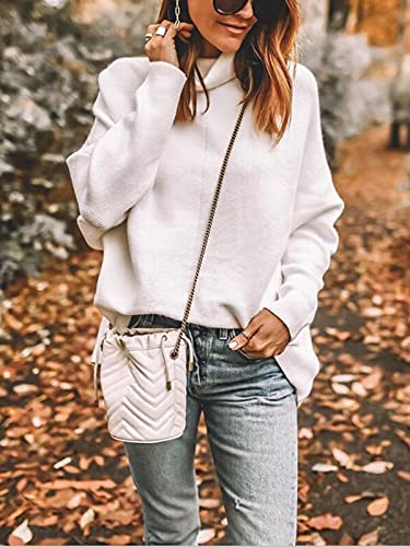 ANRABESS Womens Oversized Turtleneck Long Sleeve Sweater Asymmetric Hem Casual 2023 Fall Winter Pullover Knit Pullover Jumper Tops A87Bai-M White