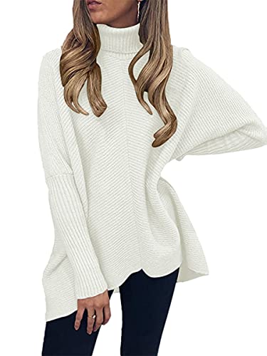 ANRABESS Womens Oversized Turtleneck Long Sleeve Sweater Asymmetric Hem Casual 2023 Fall Winter Pullover Knit Pullover Jumper Tops A87Bai-M White