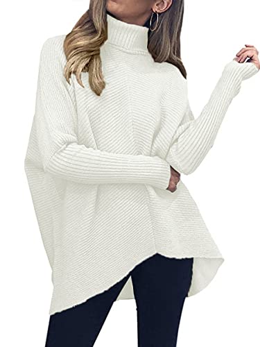 ANRABESS Womens Oversized Turtleneck Long Sleeve Sweater Asymmetric Hem Casual 2023 Fall Winter Pullover Knit Pullover Jumper Tops A87Bai-M White