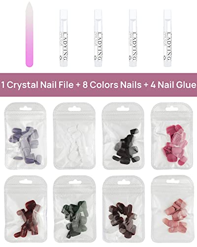 LADYING Matte Short Acrylic False Nails for Women, Stick Glue on/ Press on Nails Set with Glue Nail File, Nail Art Salon Ballerina French Fake Tips, 8 Packs (192 PCS)