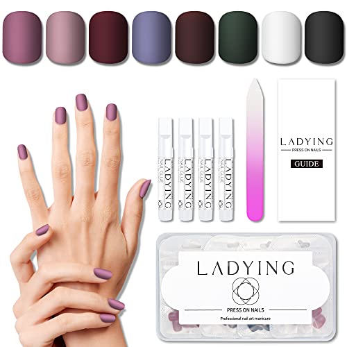 LADYING Matte Short Acrylic False Nails for Women, Stick Glue on/ Press on Nails Set with Glue Nail File, Nail Art Salon Ballerina French Fake Tips, 8 Packs (192 PCS)