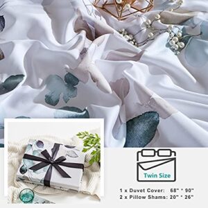 MILDLY 100% Egyptian Cotton Duvet Cover Set 2pcs Teal Blue Green Leaf Pattern Printed Twin Size for Kid Girl Teen Botanical Plant Reversible Soft & Breathable Unique Design Bedding Set (No Comforter)