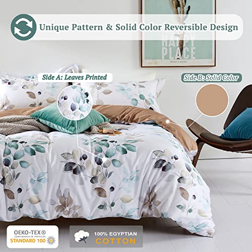 MILDLY 100% Egyptian Cotton Duvet Cover Set 2pcs Teal Blue Green Leaf Pattern Printed Twin Size for Kid Girl Teen Botanical Plant Reversible Soft & Breathable Unique Design Bedding Set (No Comforter)