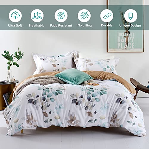 MILDLY 100% Egyptian Cotton Duvet Cover Set 2pcs Teal Blue Green Leaf Pattern Printed Twin Size for Kid Girl Teen Botanical Plant Reversible Soft & Breathable Unique Design Bedding Set (No Comforter)