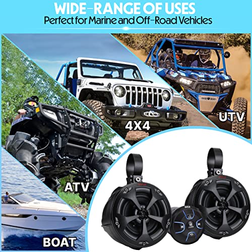 Pyle 2-Way Dual Bluetooth Off-Road Speakers - 4 Inch 800W Marine Waterproof Wakeboard, Full Range Outdoor for ATV, Snow Mobile UTV, Quad, Jeep, Boat PLUTV46BTA, Black