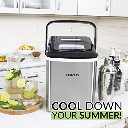 Igloo ICEB26HNSS Automatic Self-Cleaning Portable Electric Countertop Ice Maker Machine With Handle, 26 Pounds in 24 Hours, 9 Ice Cubes Ready in 7 minutes, With Ice Scoop and Basket, Stainless