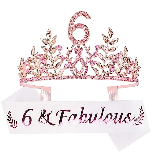 6th Birthday Sash and Tiara for Girls - Fabulous Glitter Sash + Leafs Rhinestone Pink Premium Metal Tiara for Girls, 6th Birthday Gifts for Princess Party