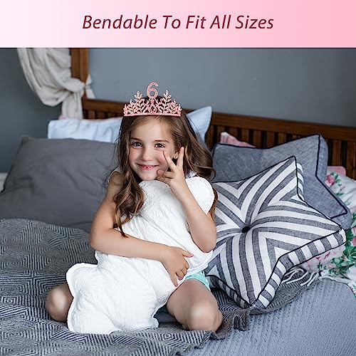 6th Birthday Sash and Tiara for Girls - Fabulous Glitter Sash + Leafs Rhinestone Pink Premium Metal Tiara for Girls, 6th Birthday Gifts for Princess Party