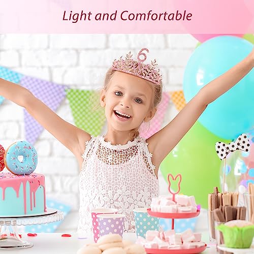 6th Birthday Sash and Tiara for Girls - Fabulous Glitter Sash + Leafs Rhinestone Pink Premium Metal Tiara for Girls, 6th Birthday Gifts for Princess Party