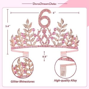 6th Birthday Sash and Tiara for Girls - Fabulous Glitter Sash + Leafs Rhinestone Pink Premium Metal Tiara for Girls, 6th Birthday Gifts for Princess Party