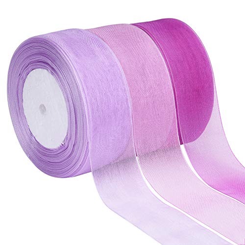 Livder 3 Rolls Sheer Chiffon Ribbons 1.5 Inches x 49 Yards/ Each Roll for Wedding Gift Wrapping Home Decorations (Purple, Violet, Light Purple)