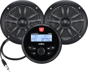 velex marine stereo speaker package bluetooth, mp3 usb am fm marine stereo - 2 x 6.5 inch black speakers, antenna