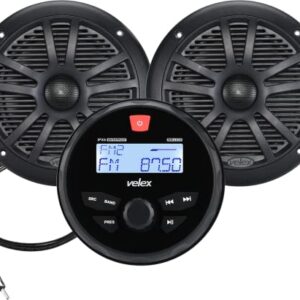 velex Marine Stereo Speaker Package Bluetooth, MP3 USB AM FM Marine Stereo - 2 x 6.5 Inch Black Speakers, Antenna