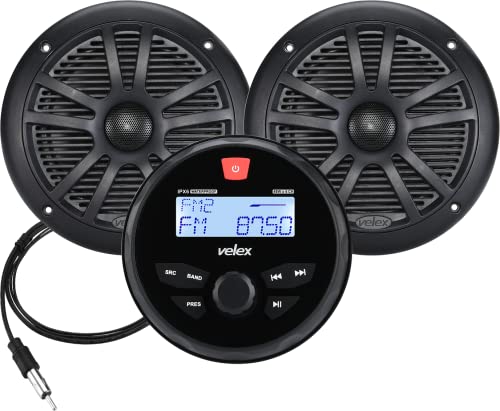 velex Marine Stereo Speaker Package Bluetooth, MP3 USB AM FM Marine Stereo - 2 x 6.5 Inch Black Speakers, Antenna