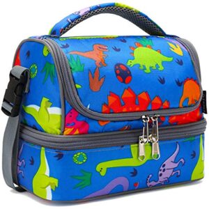 flowfly kids double decker cooler insulated lunch bag large tote for boys, girls, men, women, with adjustable strap, dinosaur