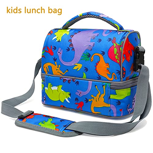 FlowFly Kids Double Decker Cooler Insulated Lunch Bag Large Tote for Boys, Girls, Men, Women, With Adjustable Strap, Dinosaur