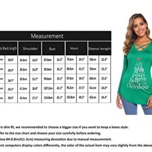 iClosam Women Christmas Letter Print Long Sleeve Tunic Shirts Criss Cross V-Neck Curved Hem Blouses Xmas Tops Sweatshirt Green L